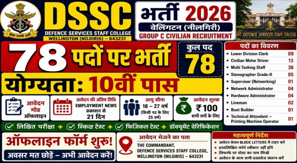 DSSC Recruitment 2026: डिफेंस सर्विसेज स्टाफ भर्ती का 10वीं पास के लिए ...