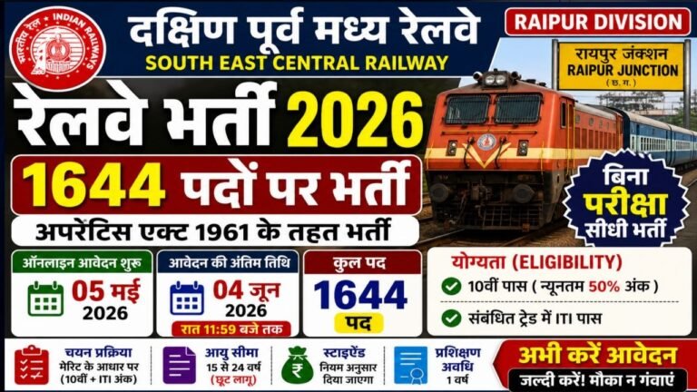 Railway RRC SECR Apprentice Recruitment 2026: दक्षिण पूर्व मध्य रेलवे ...